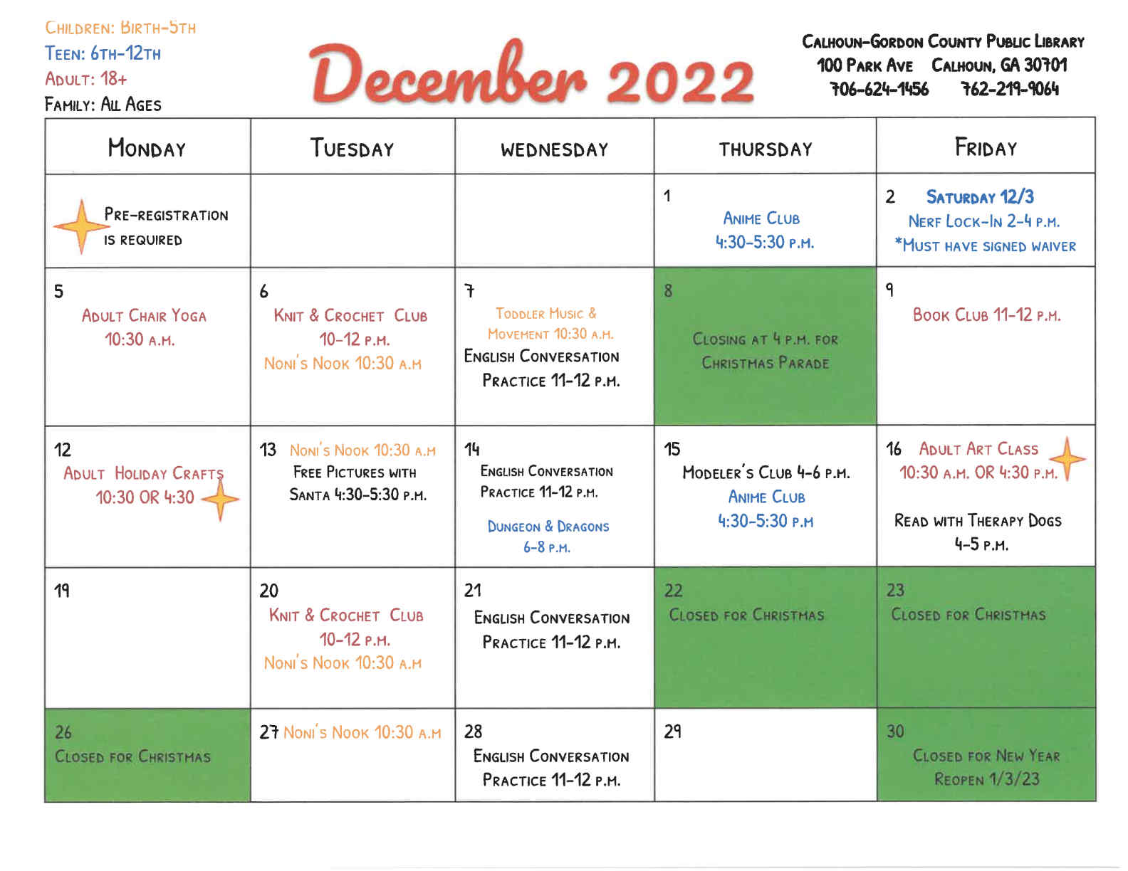 December 2022 Library Calendar | Gordon Grown