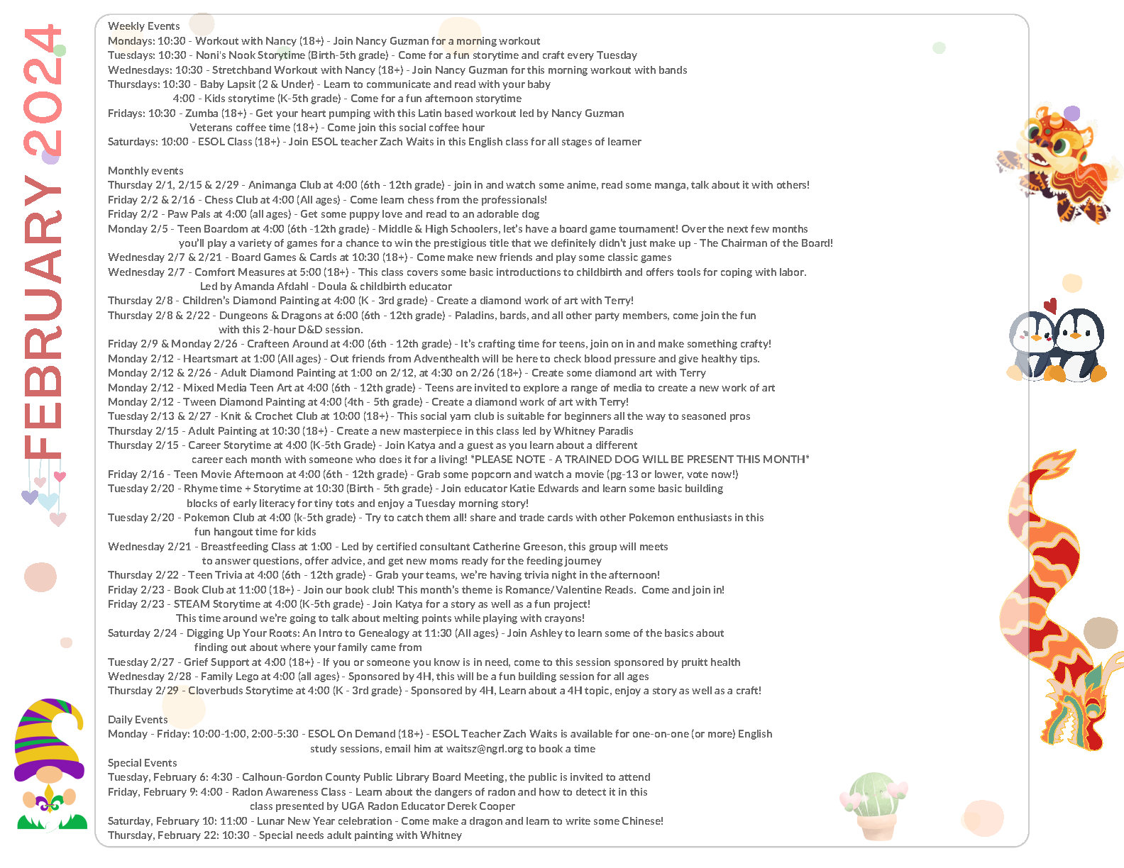 February 2024 Library Calendar | Gordon Grown